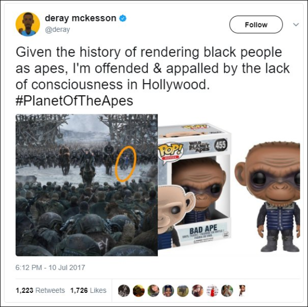 BLM leader accuses 'Planet of the Apes' character of wearing his blue ...